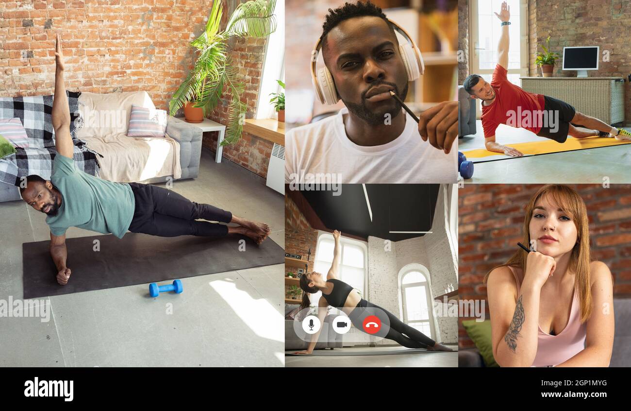 Collage made of young multiethnic men and women watching online sport trainings, lessons using ...