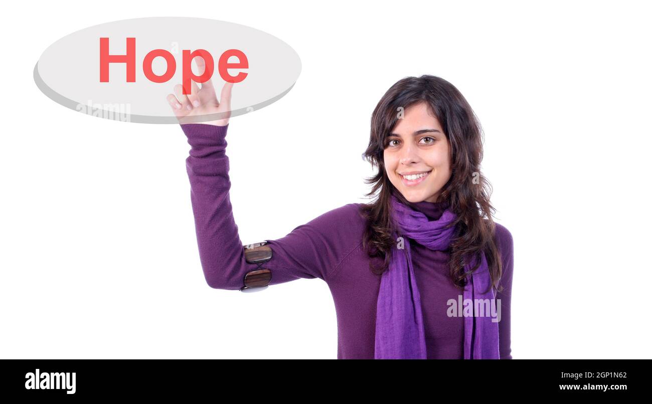 Young woman pressing key, isolated over white background Stock Photo ...