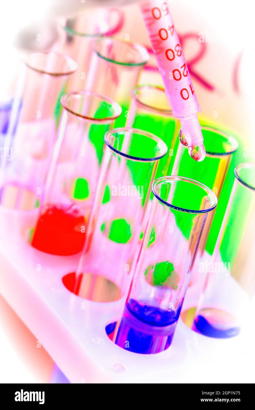 test tubes and flasks with colored liquid in a laboratory Stock Photo ...
