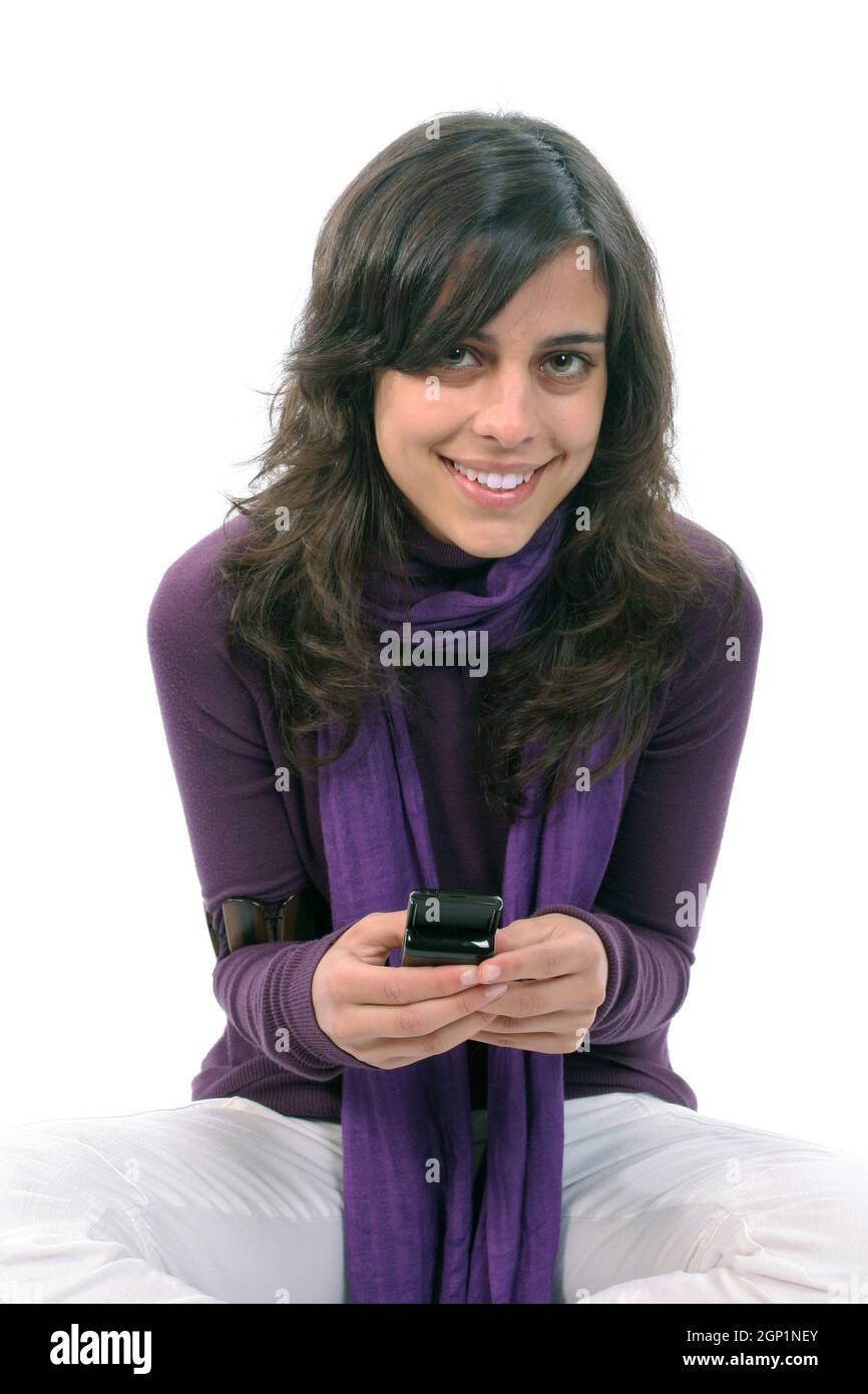 Young beautiful girl calling on cellphone, isolated on white background ...
