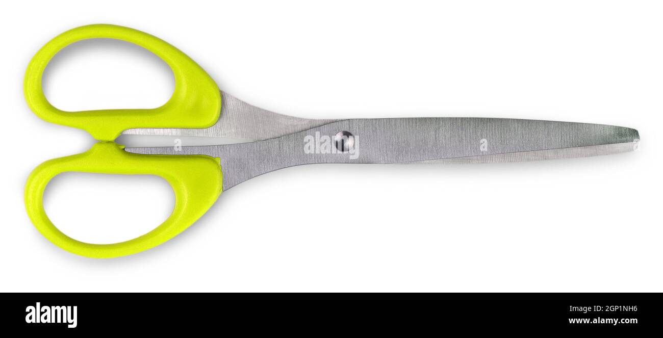 Green handled scissors isolated on white background Stock Photo - Alamy
