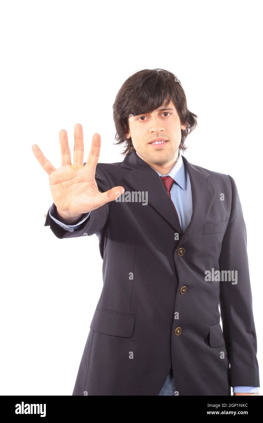 man with open hand isolated on white background Stock Photo - Alamy