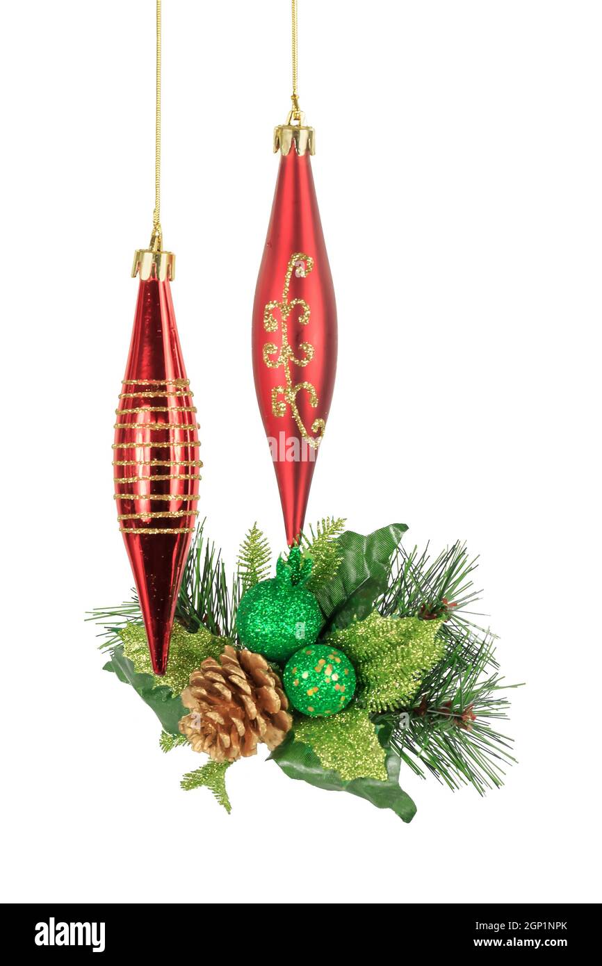 Hanging red baubles with green Christmas decoration 8 Stock Photo - Alamy