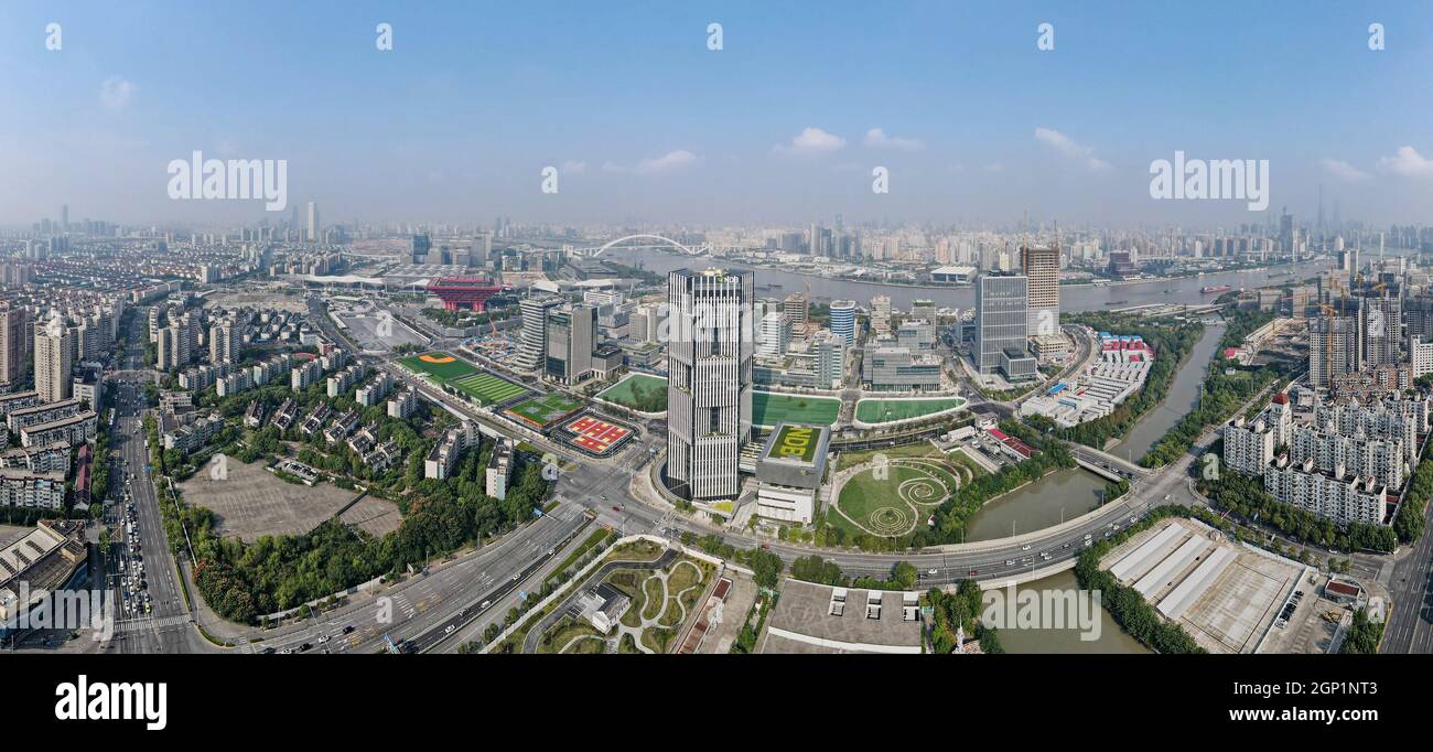 Shanghai. 28th Sep, 2021. Aerial panorama photo taken on Sept. 28, 2021 ...