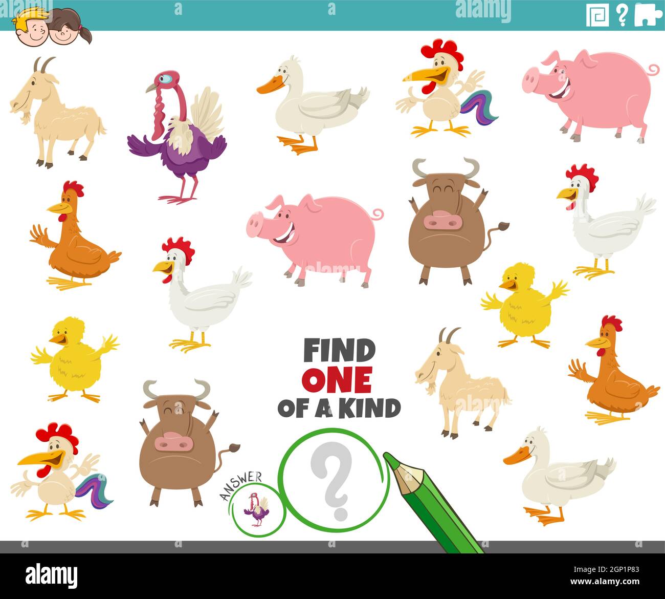 one of a kind game for children with cartoon farm animals Stock Vector ...