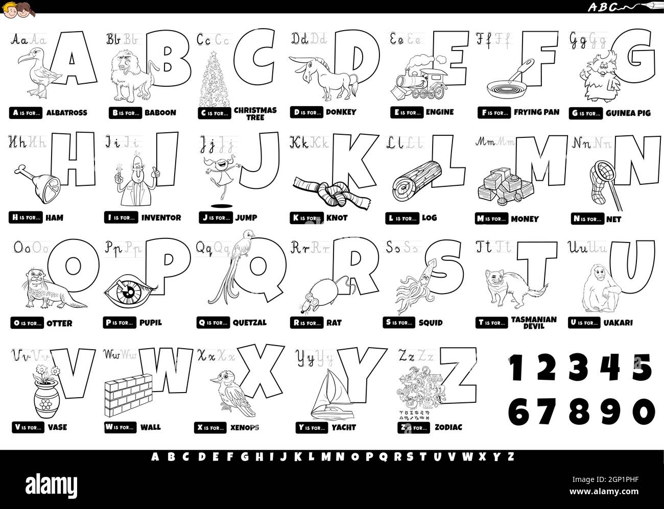 black and white alphabet with cartoon characters and objects set Stock ...