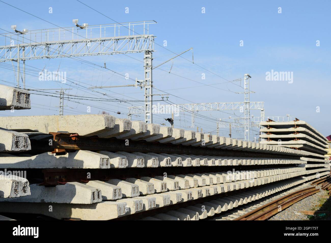 New rails and sleepers. The rails and sleepers are stacked on each ...