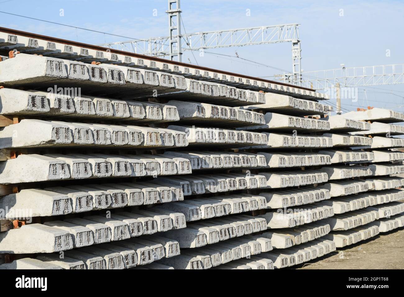 New rails and sleepers. The rails and sleepers are stacked on each ...