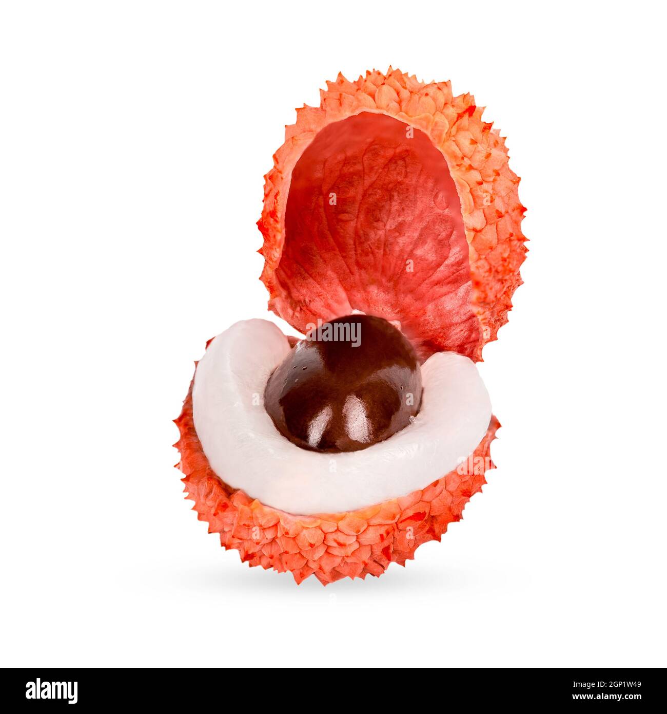 Isolated lychees. One whole ripe litchi fruit isolate on white ...