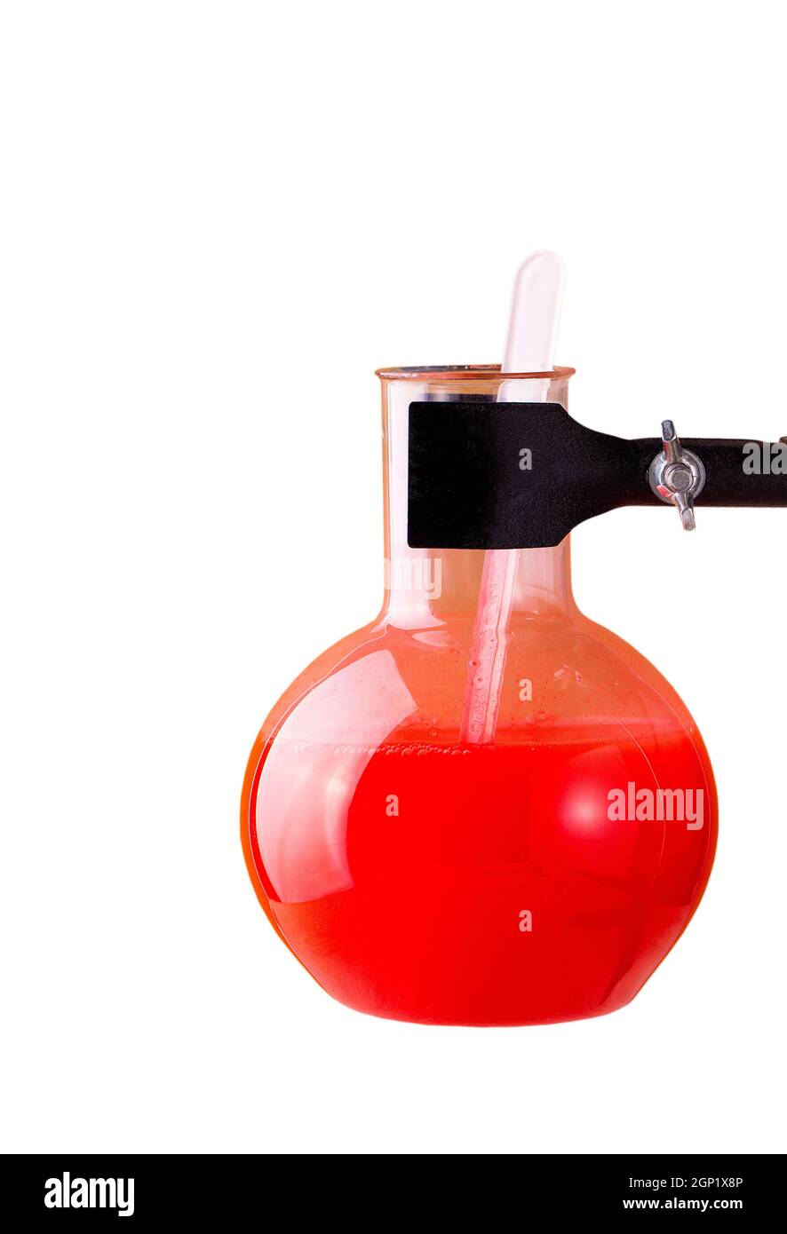 Test flask with red liquid on white background Stock Photo - Alamy