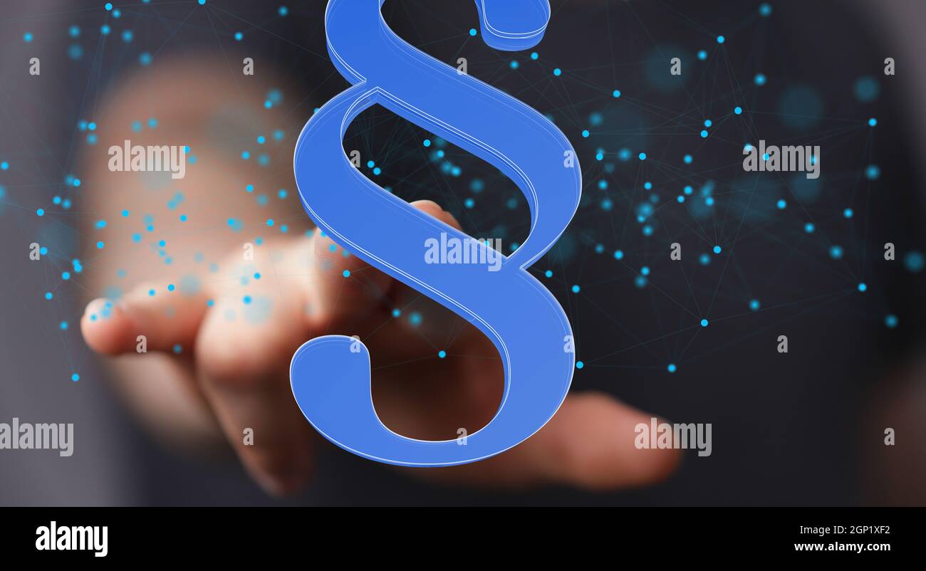 3d rendering of a hand reaching a blue law paragraph symbol over tiny ...
