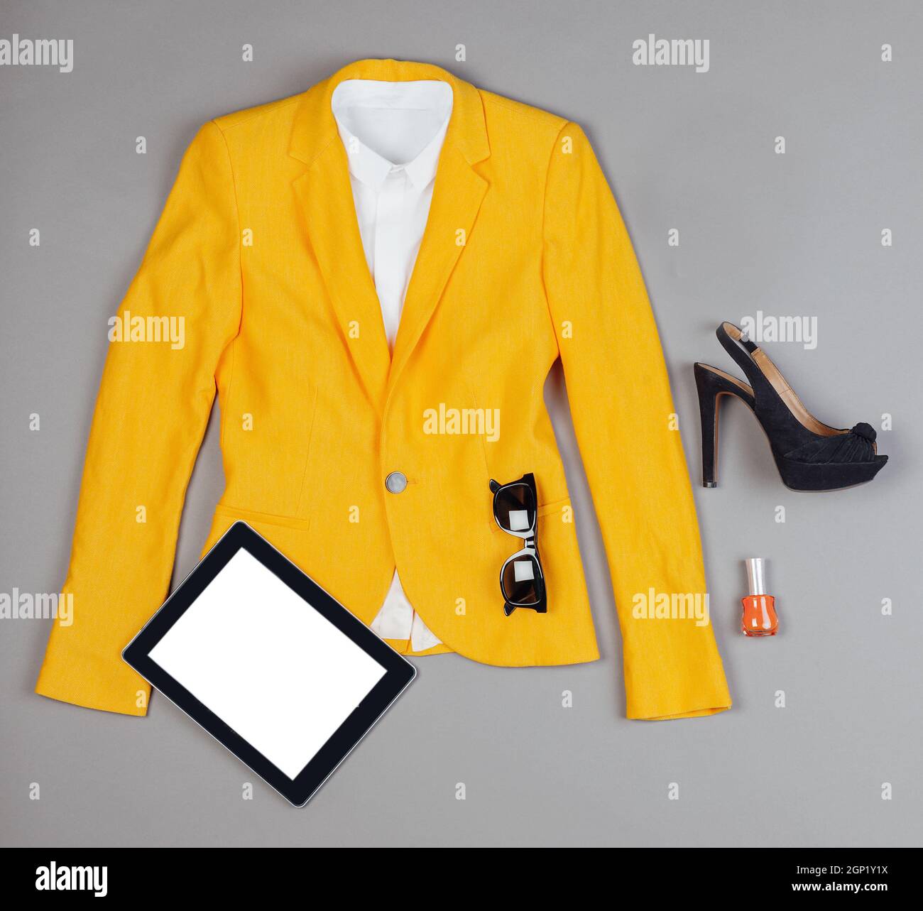 Overhead of clothes and woman accessories Stock Photo - Alamy