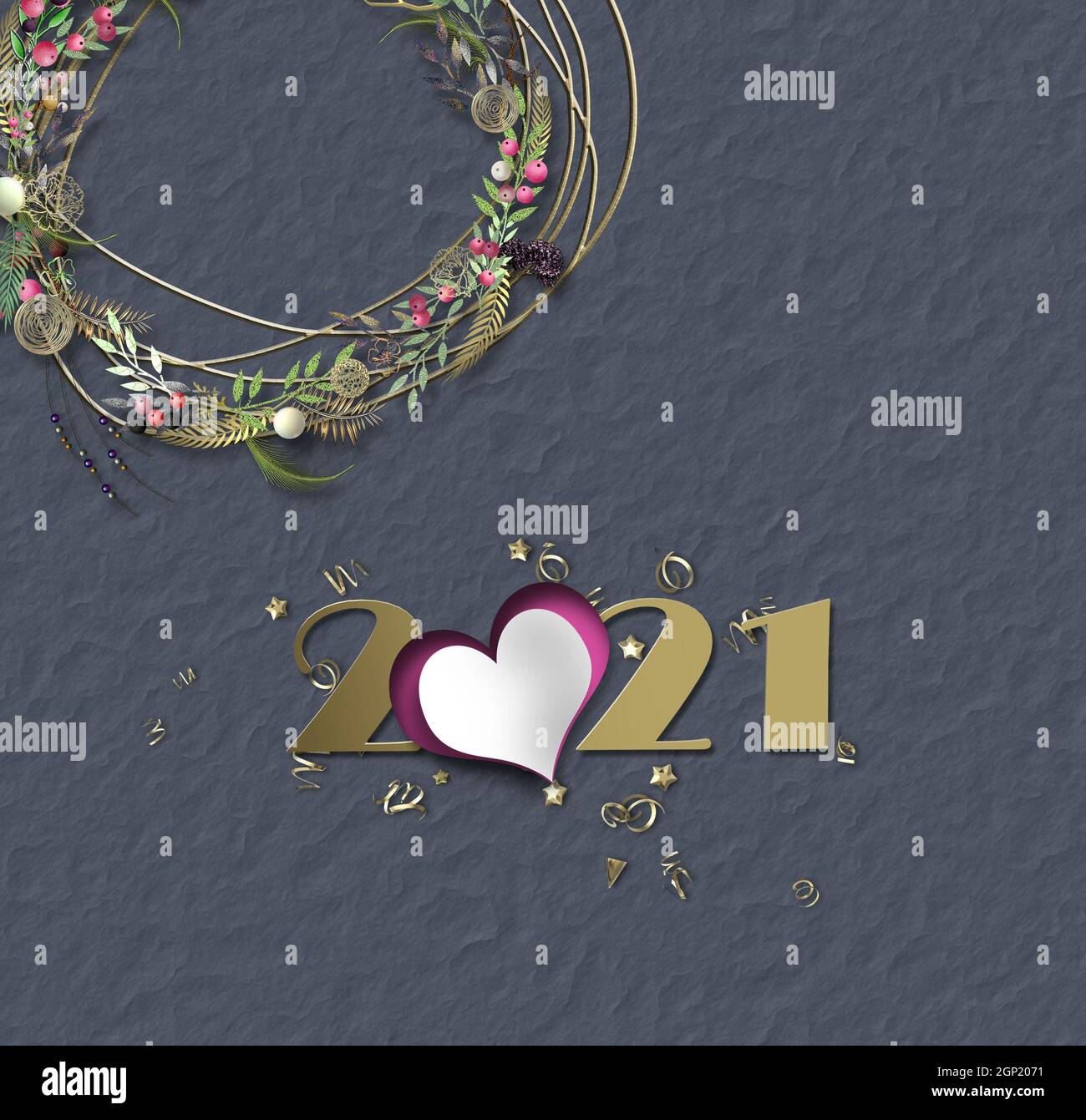 Valentines 2021 card, heart, floral wreath, 2021 on grey paper ...