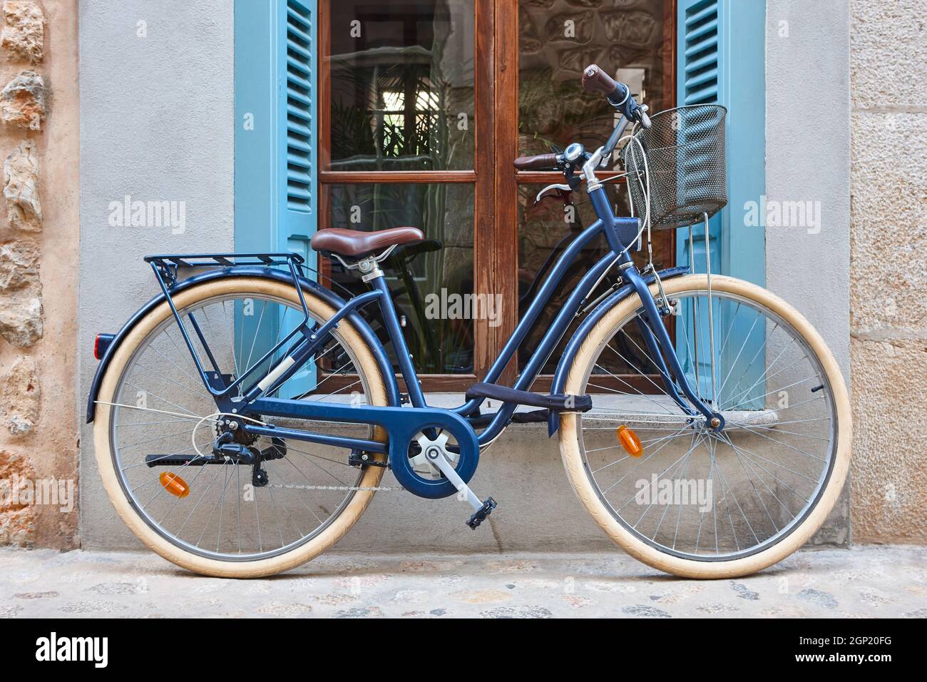Traditional vintage classic bike. Rural village in Balearic islands ...