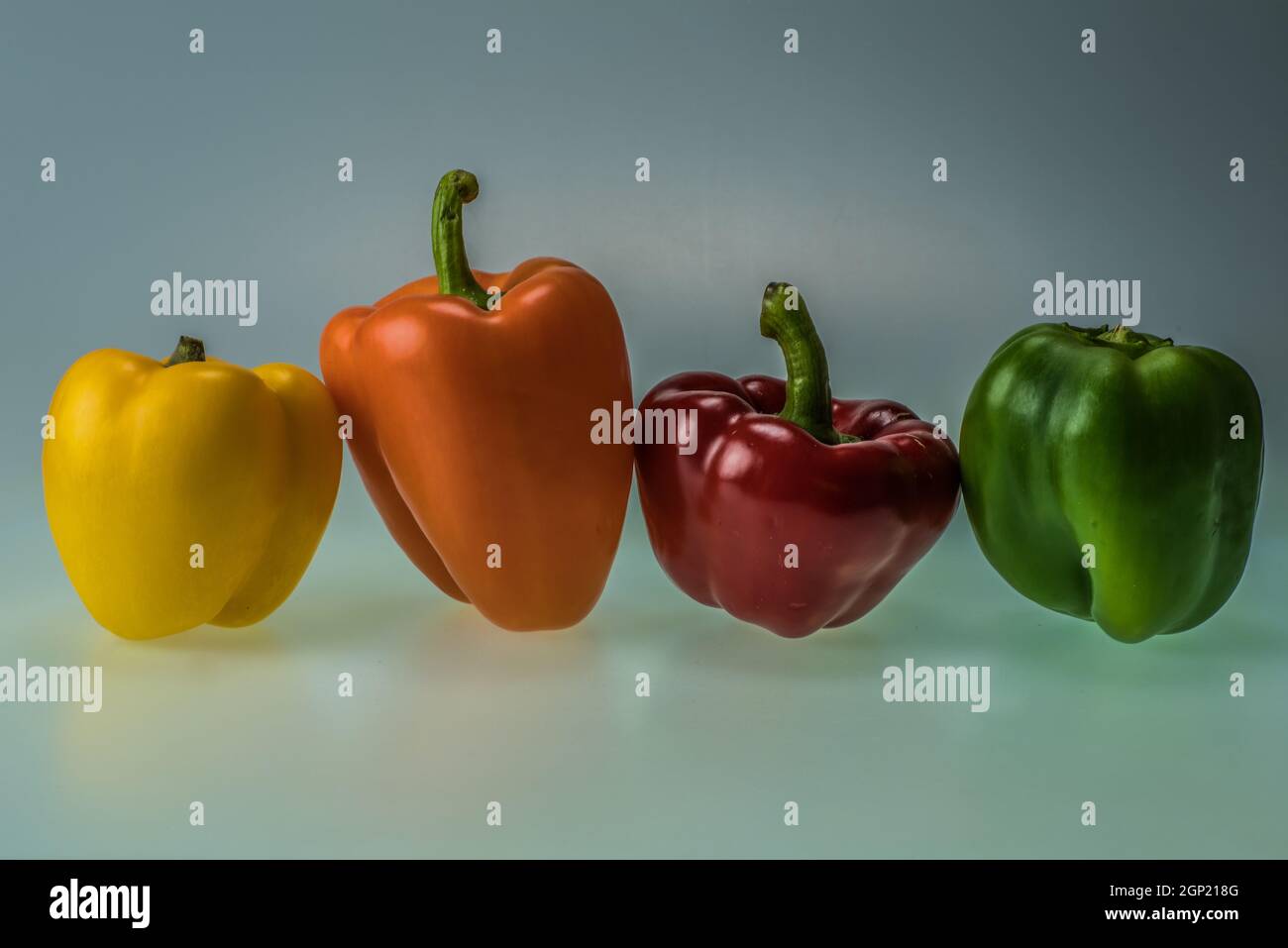 Closeup shot of colorful bell peppers isolated on a gray background ...