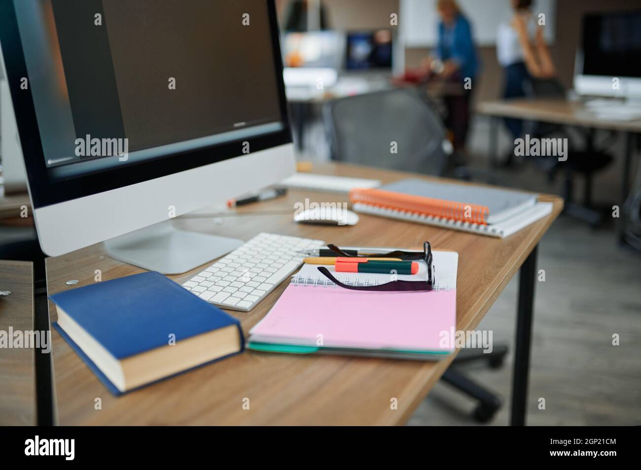 Empty workplace of IT specialist in company office. Web programmer or ...