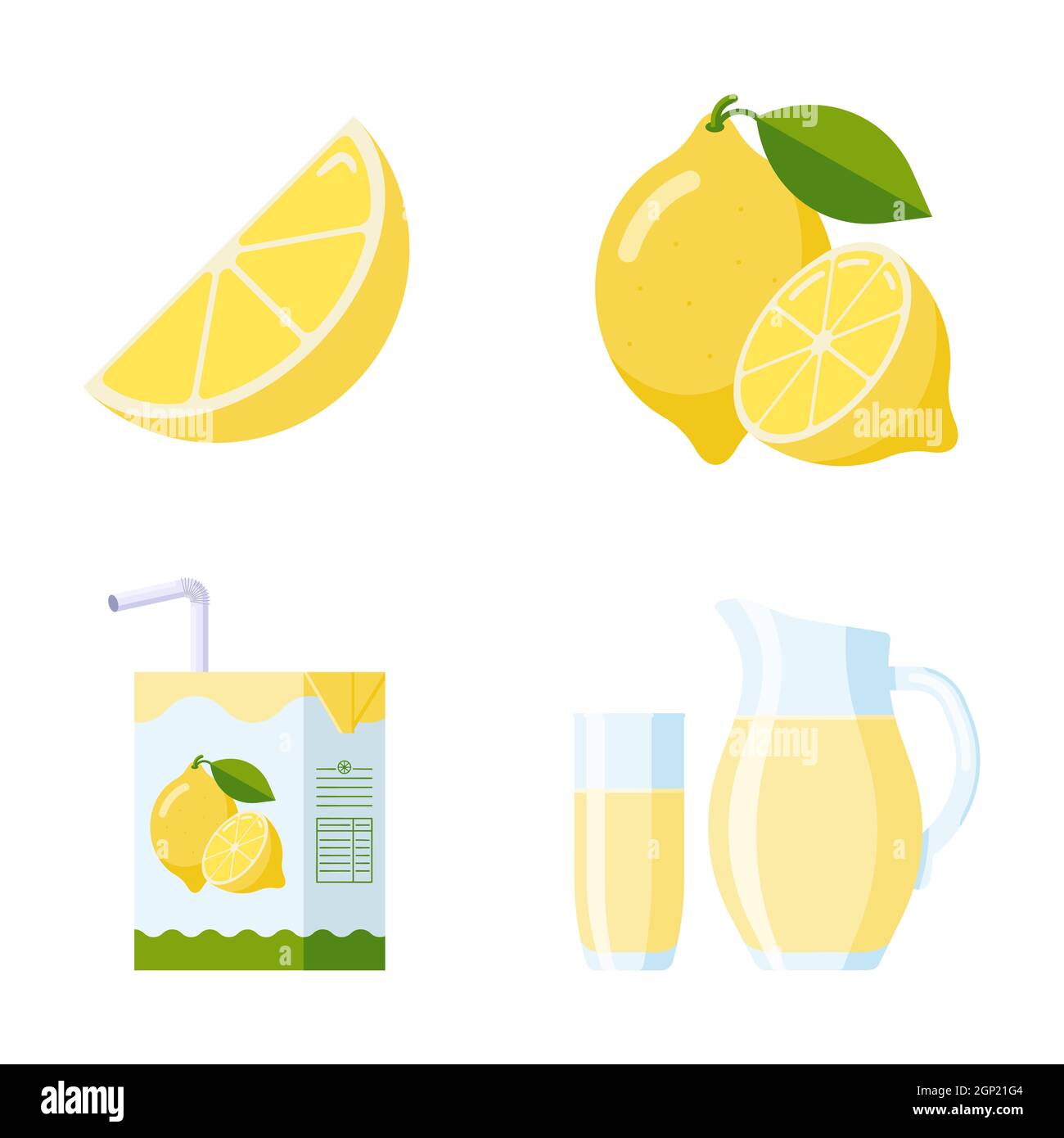 Fresh Lemon Fruit and Lemonade Set. Flat Style collection: lemon slice and whole fruit, lemon ...