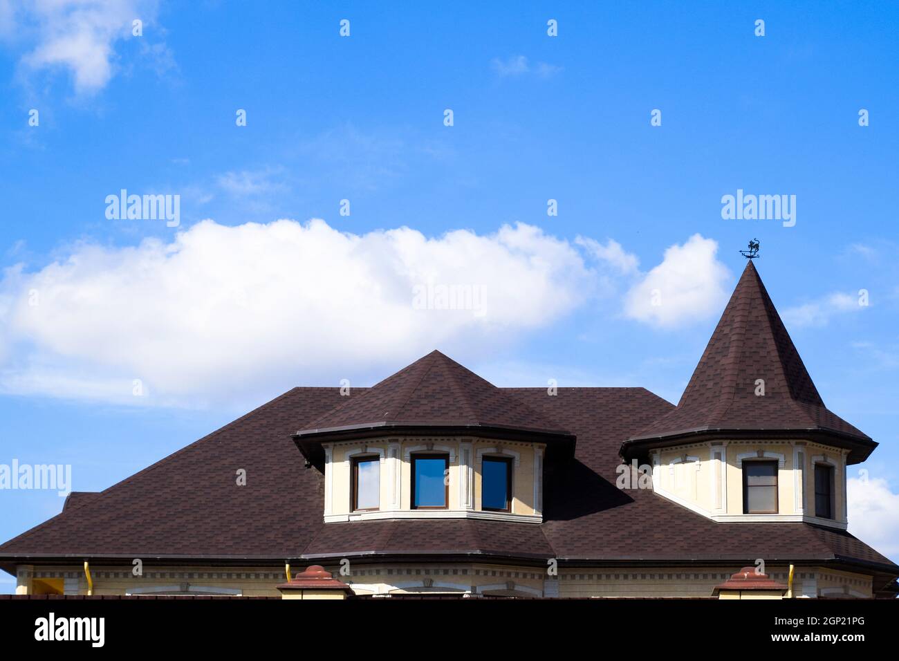 Decorative metal tile on a roof. Types of a roof of roofs. Decorative ...