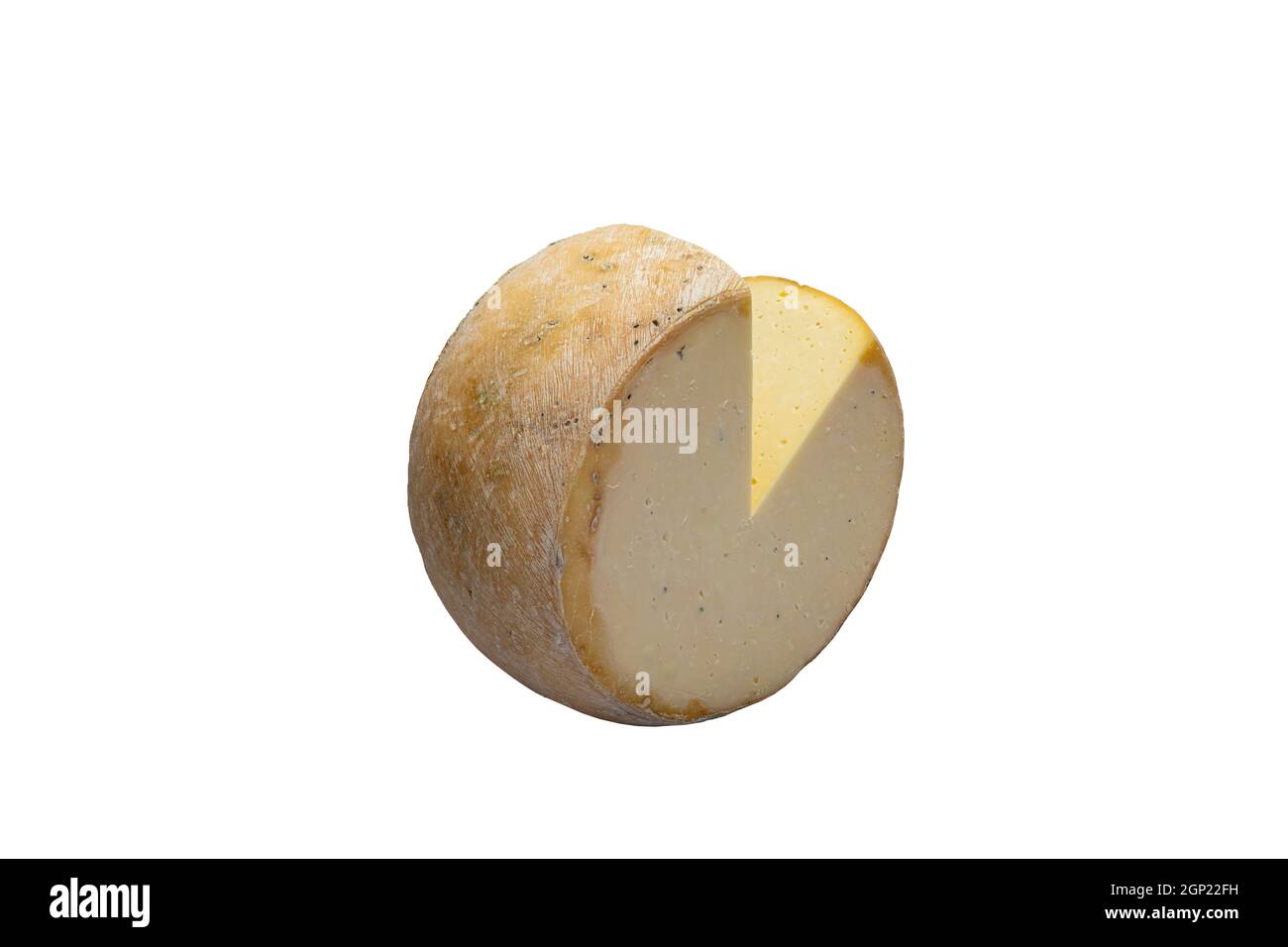 One round old cheese. Old cheddar cheese. Delicious cheese on a white ...