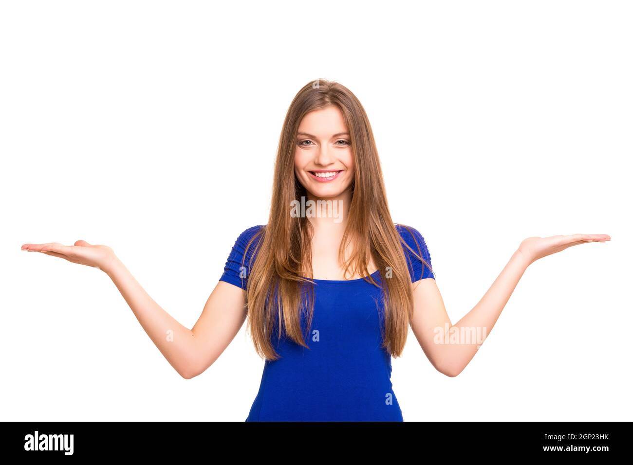 Beautiful woman making a scale with her arms wide open, isolated in a ...