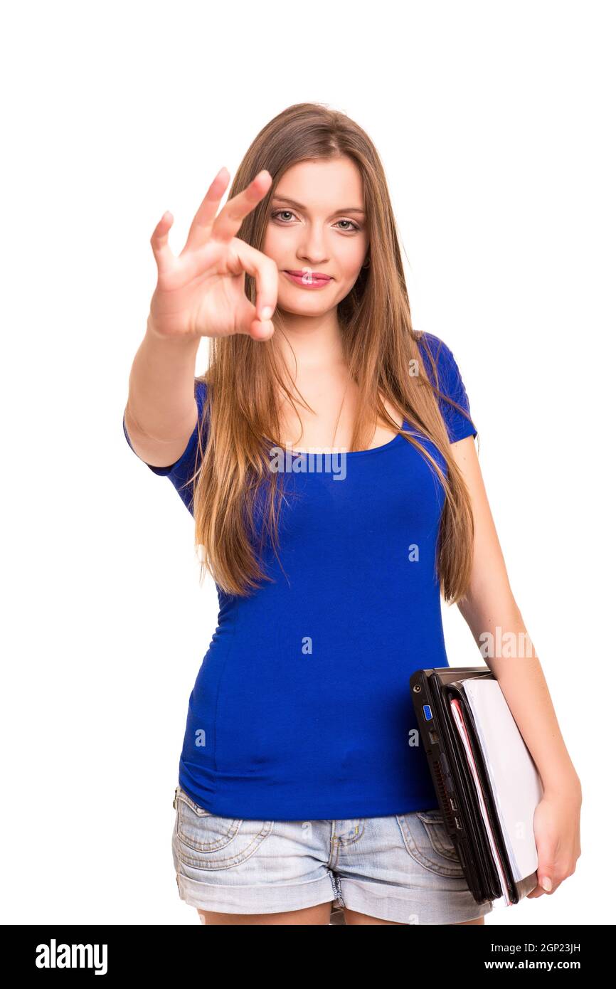 Happy young student expressing positivity sign, isolated over white ...
