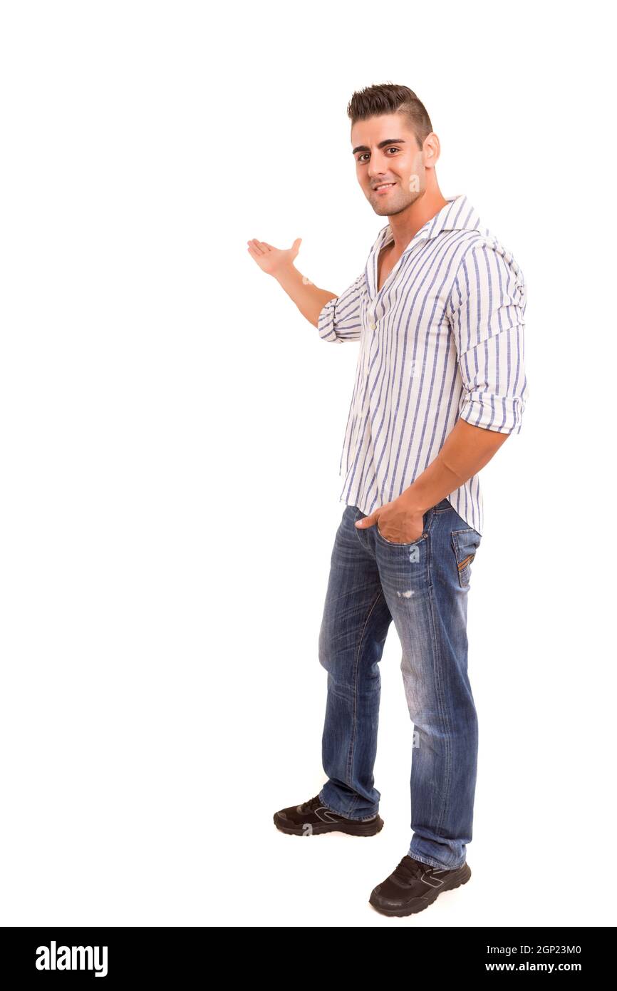 Young man presenting your product, isolated over a white background ...