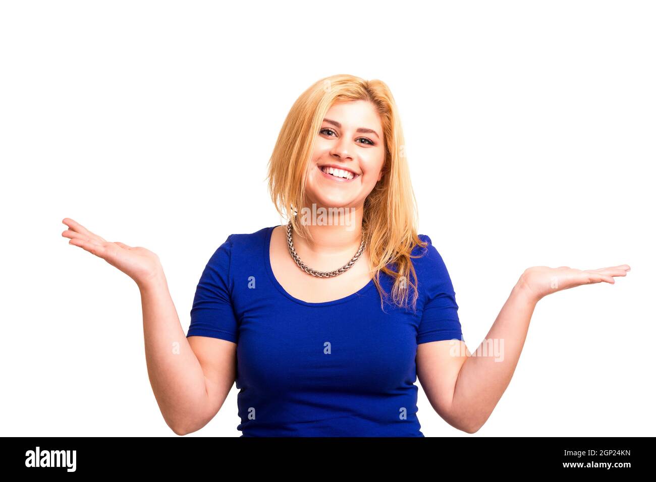 Beautiful woman making a scale with her arms wide open, isolated in a ...