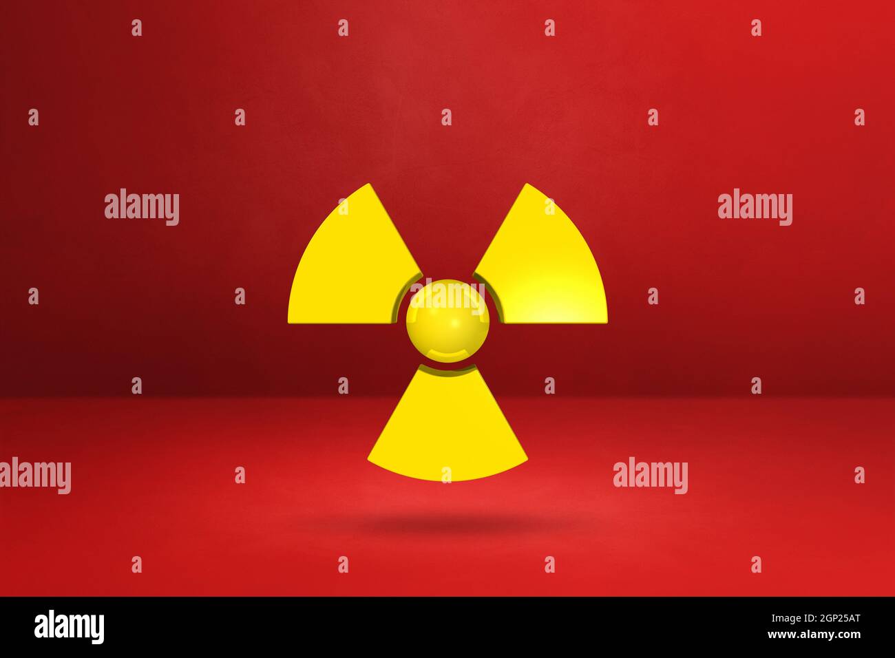 Radioactive symbol isolated on a red studio background. 3D illustration ...