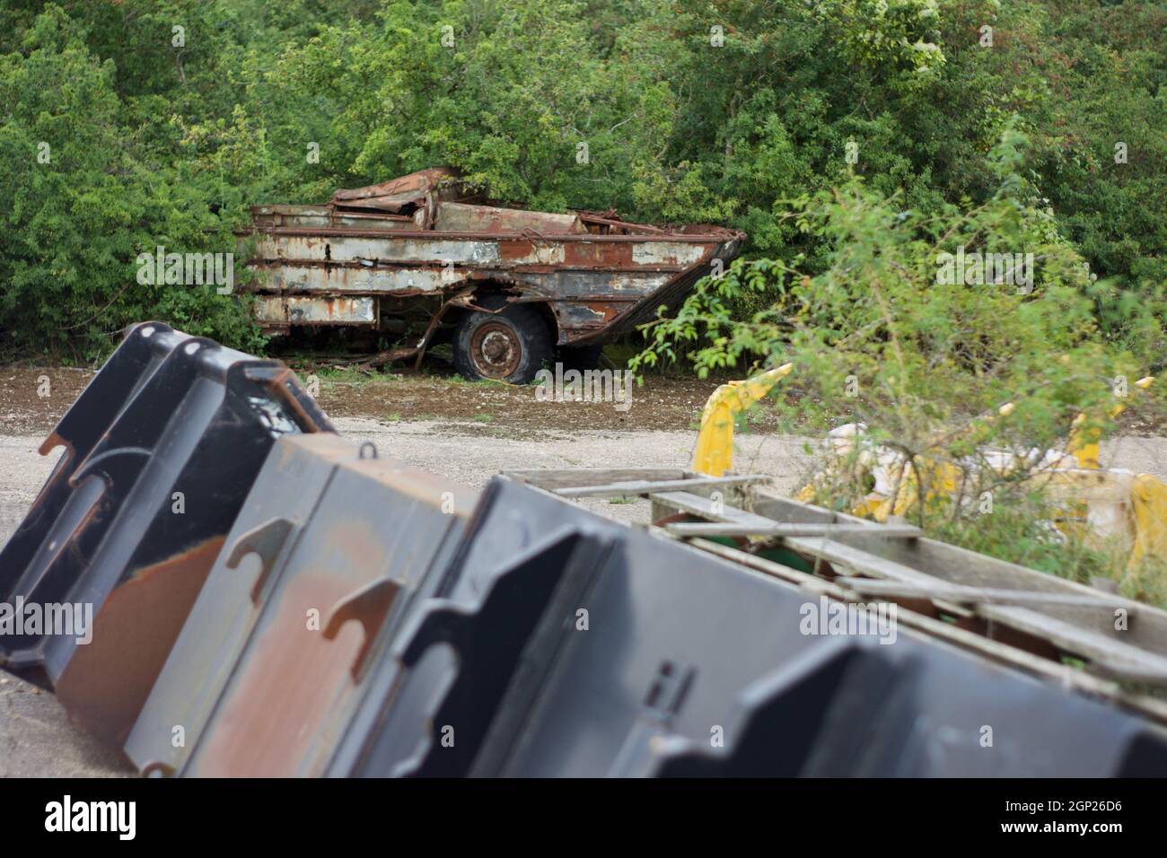 Rusting and abandoned DUKW vehicle (a six-wheel-drive amphibious truck ...