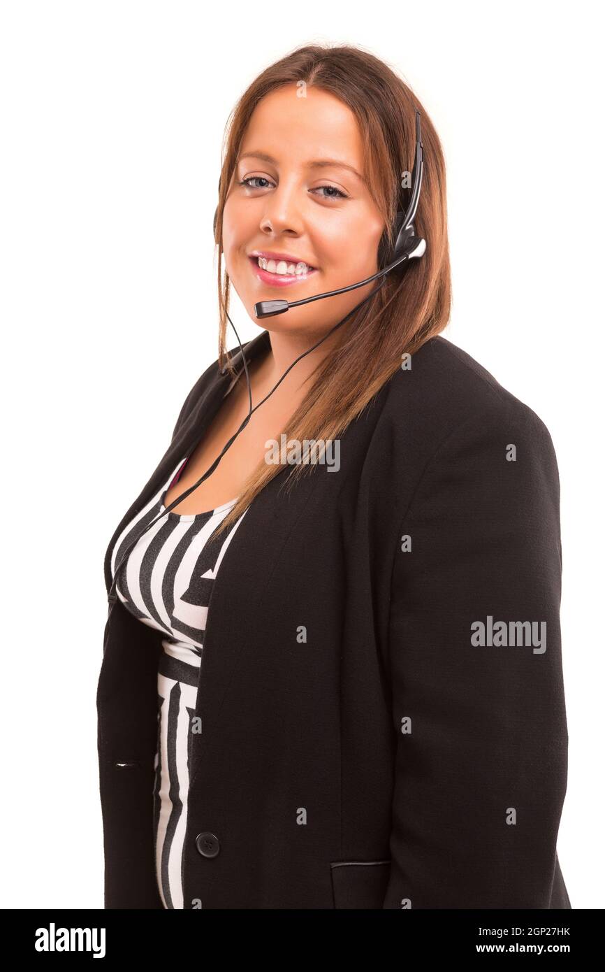 Happy large woman working as a telephone operator Stock Photo - Alamy