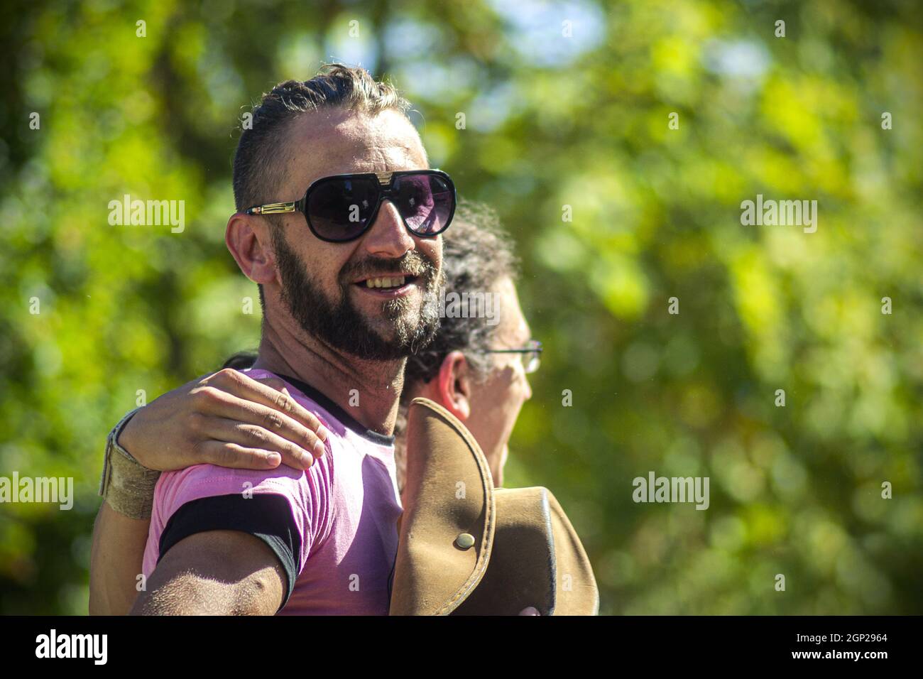 LOVINAC, CROATIA - Sep 25, 2021: Portrait of two happy young man ...