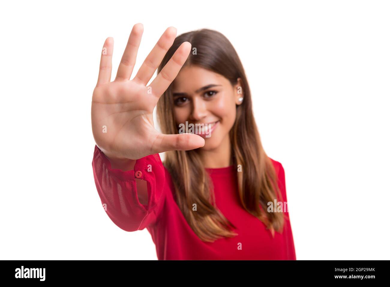 Business woman making stop sign - isolated over white Stock Photo - Alamy