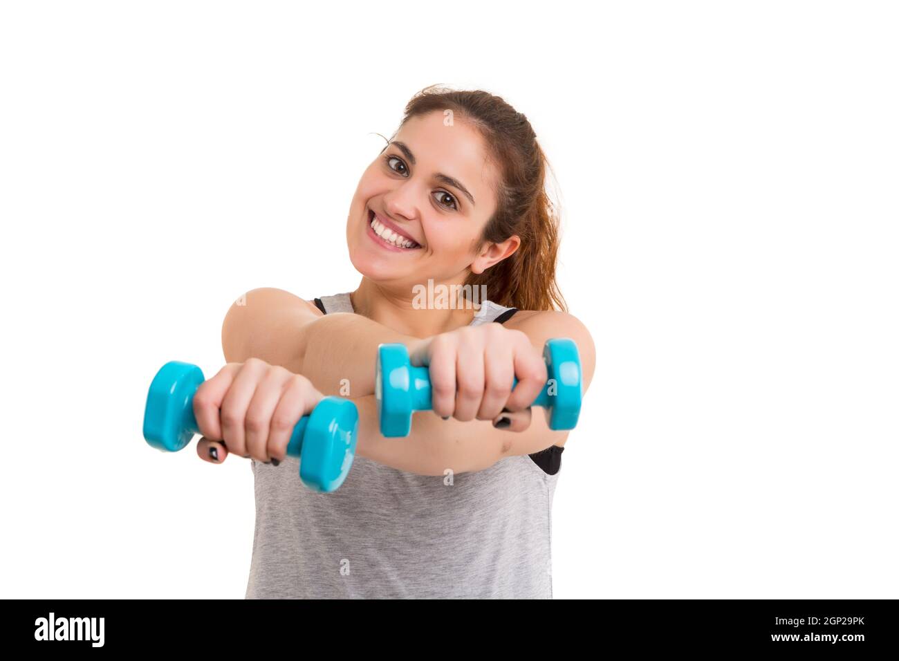 Beautiful large woman exercising - isolated over a white background ...