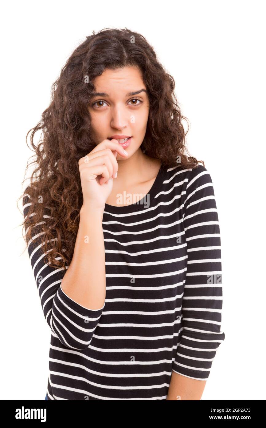 Very anxious woman, isolated over a white background Stock Photo - Alamy
