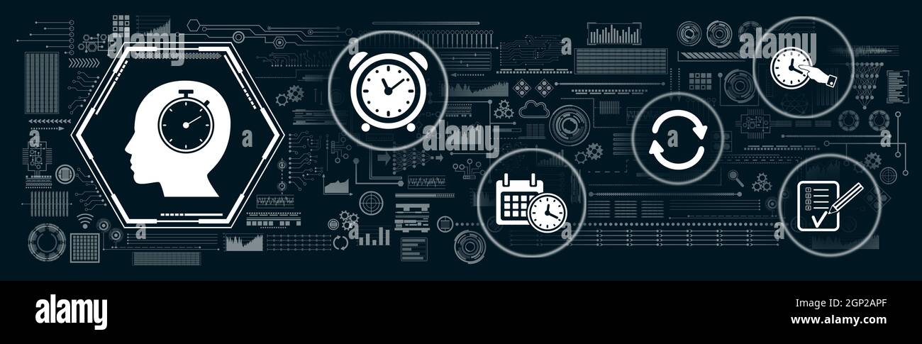 Concept of time management with icons on futuristic hud interface Stock ...