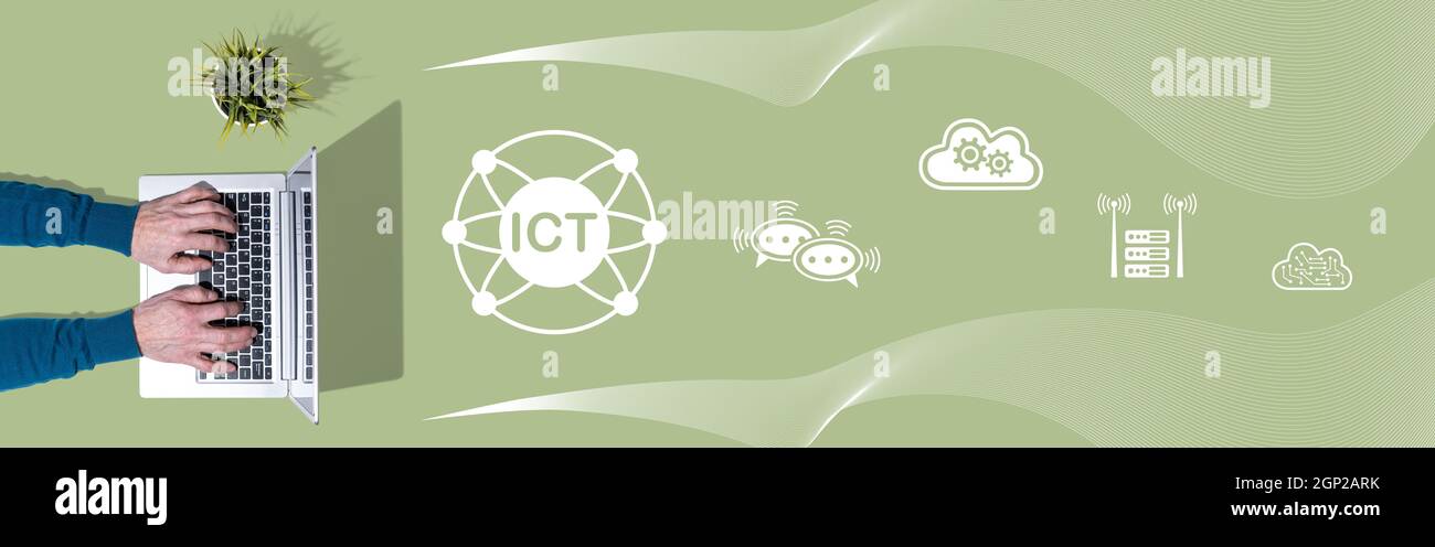 Top view of hands using laptop with symbol of ict concept Stock Photo ...