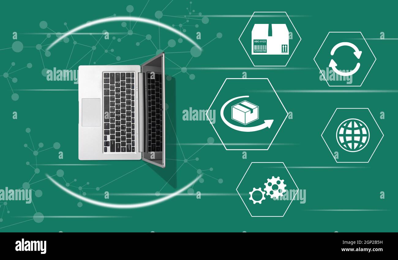 Top view of laptop with symbol of distribution concept Stock Photo - Alamy
