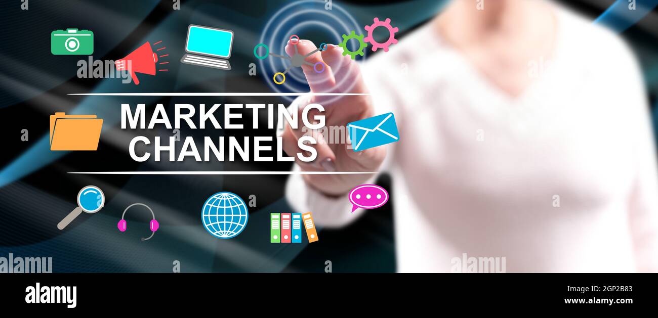 Woman touching a marketing channels concept on a touch screen with her ...