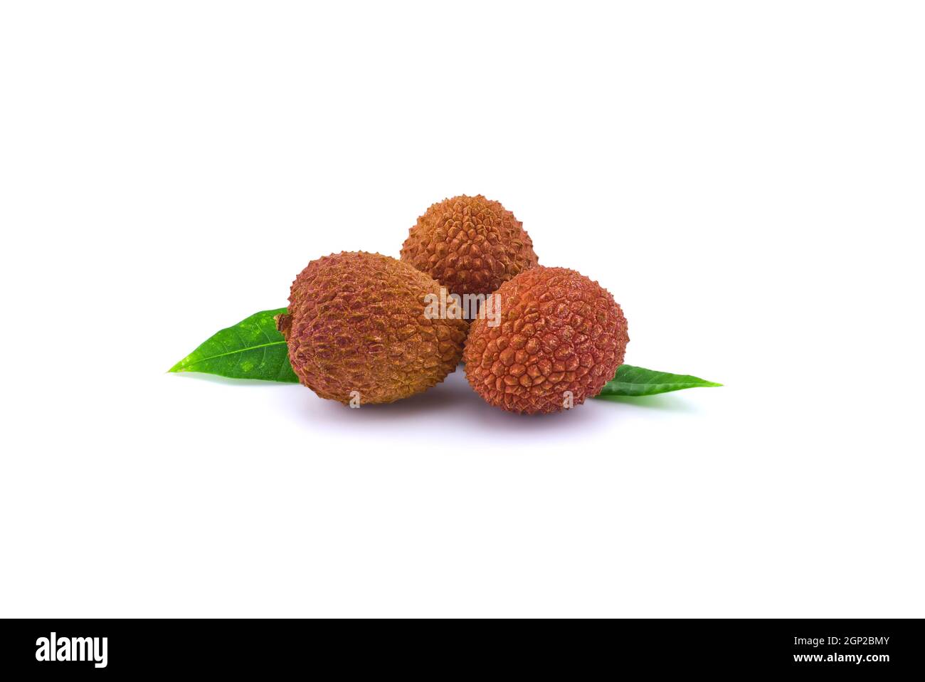 Three lychee fruit composition with green leaves decoration isolated on ...