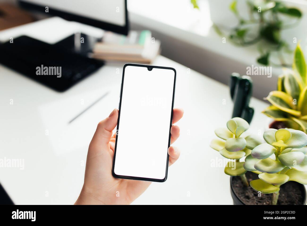 Smartphone in the hand, work from home, office stuff. High quality ...