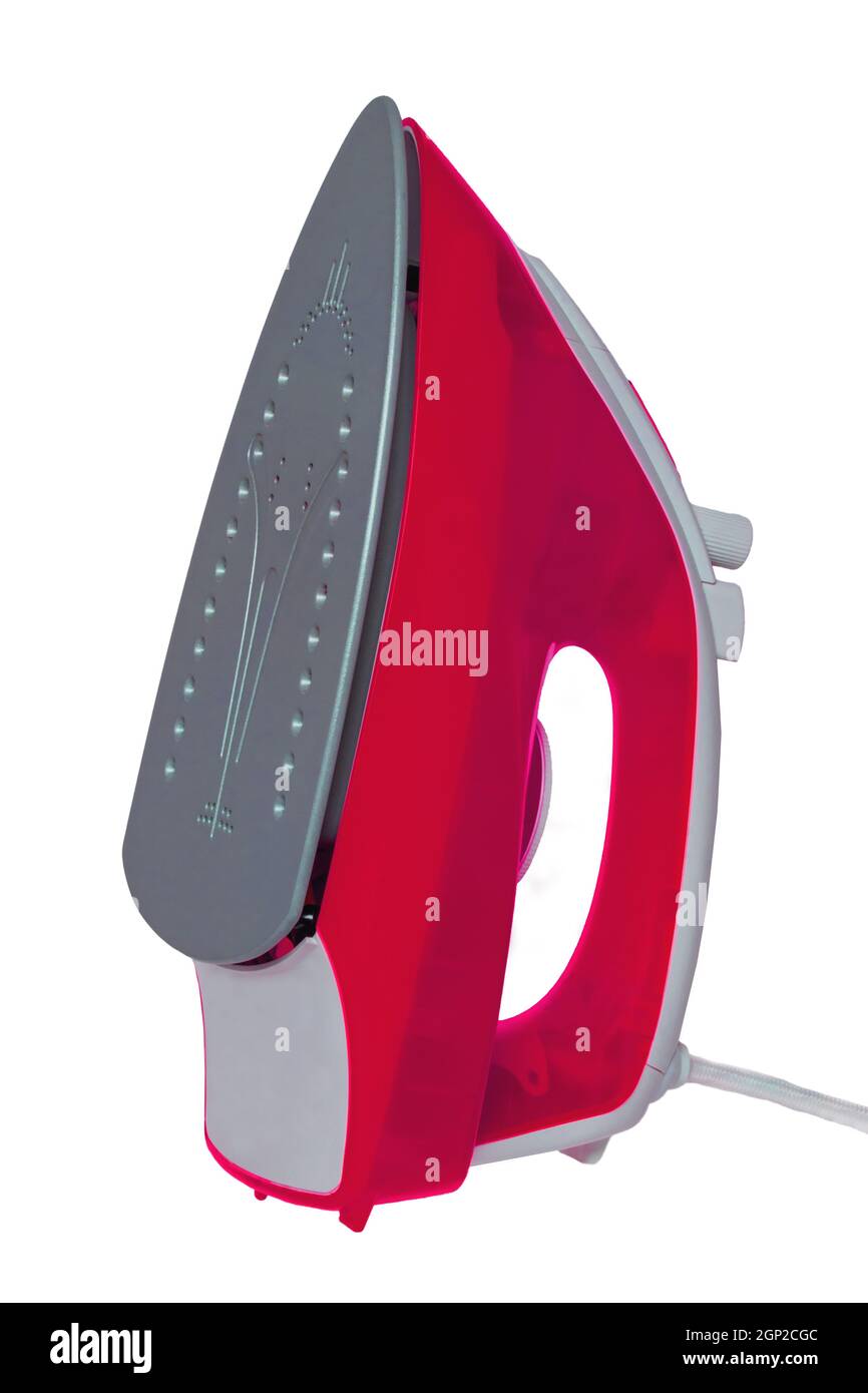 Closeup of a modern red electric steam iron for ironing household ...