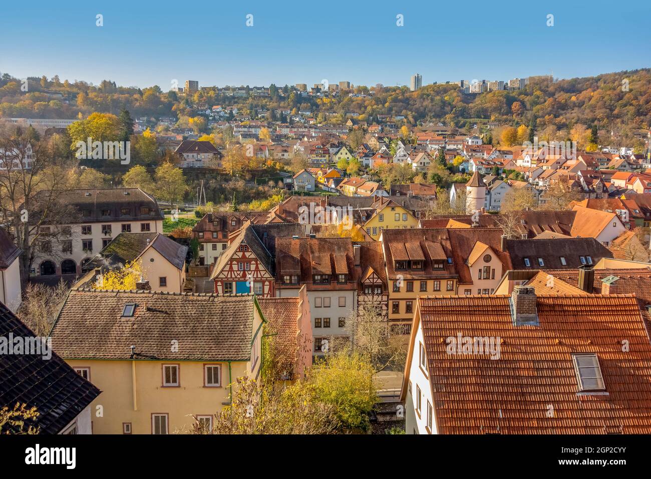 aerial view of Wertheim, a town in Southern Germany at evening time ...