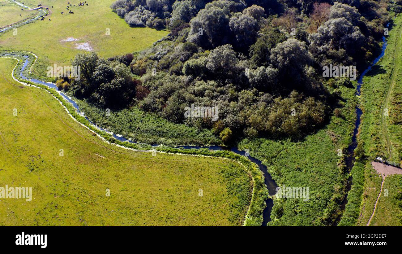 Aerial view of a section of the Little Stour Chalk Stream, at its ...