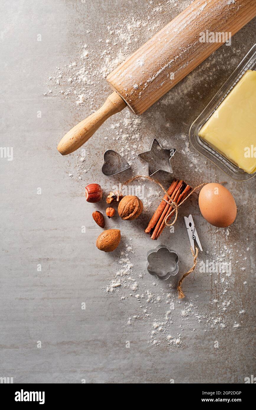 Ingredients for Baking Cookies with Flour, Egg, nuts, Butter and ...