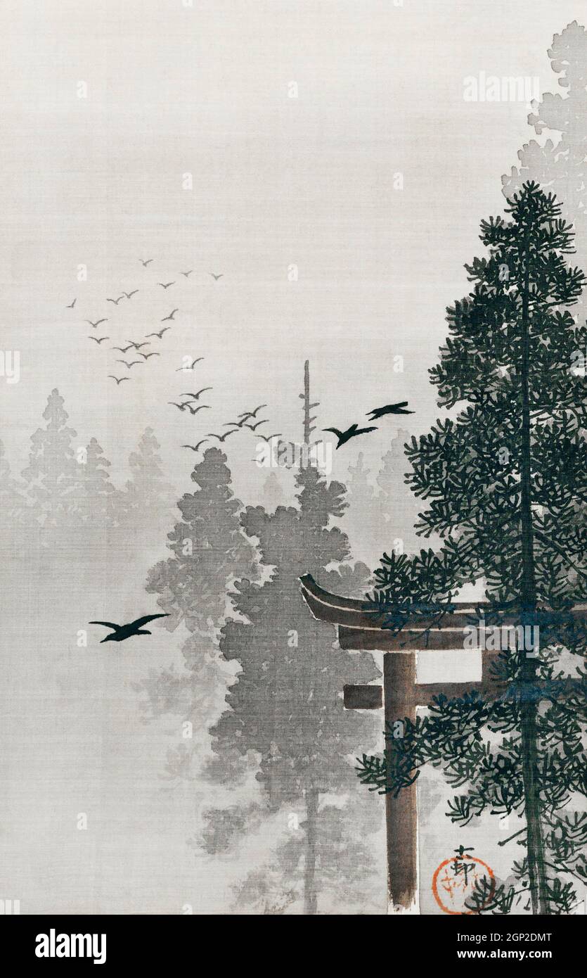 Flock of birds and a torii gate in a pine tree forest (1877-1945) by ...