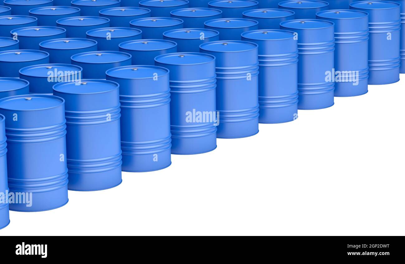 Rows with blue oil drums Stock Photo - Alamy