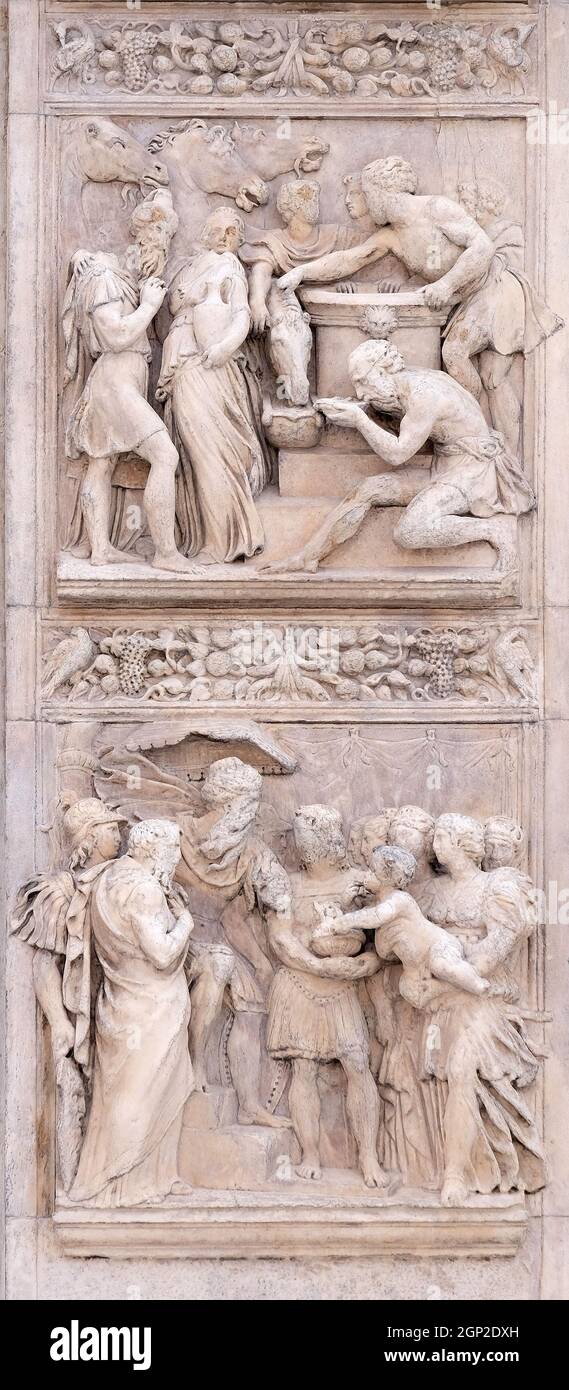 Stories of Rebecca up and Moses by Alfonso Lombardi, left door of San ...