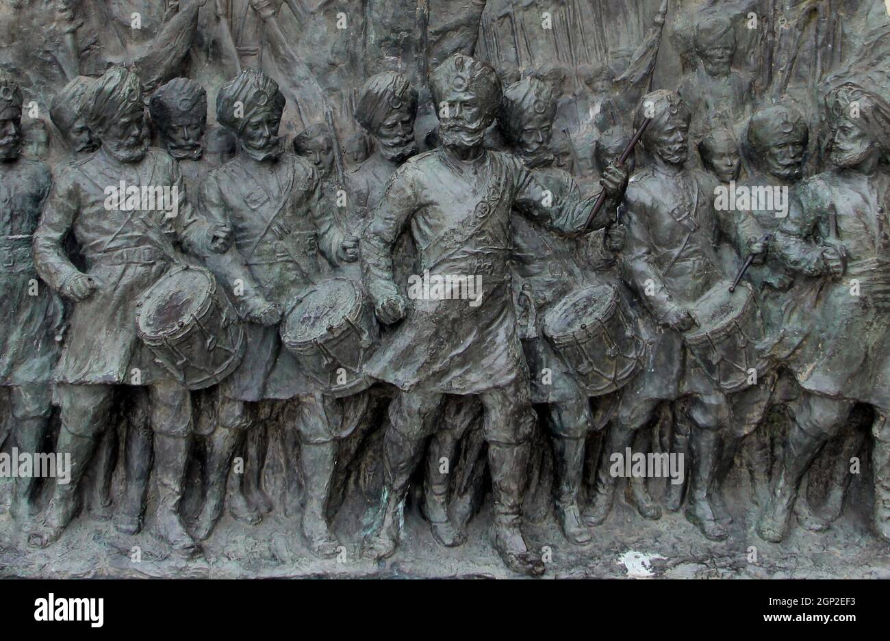 Sikh soldiers represented on a pedestal of the statue erected to Earl ...