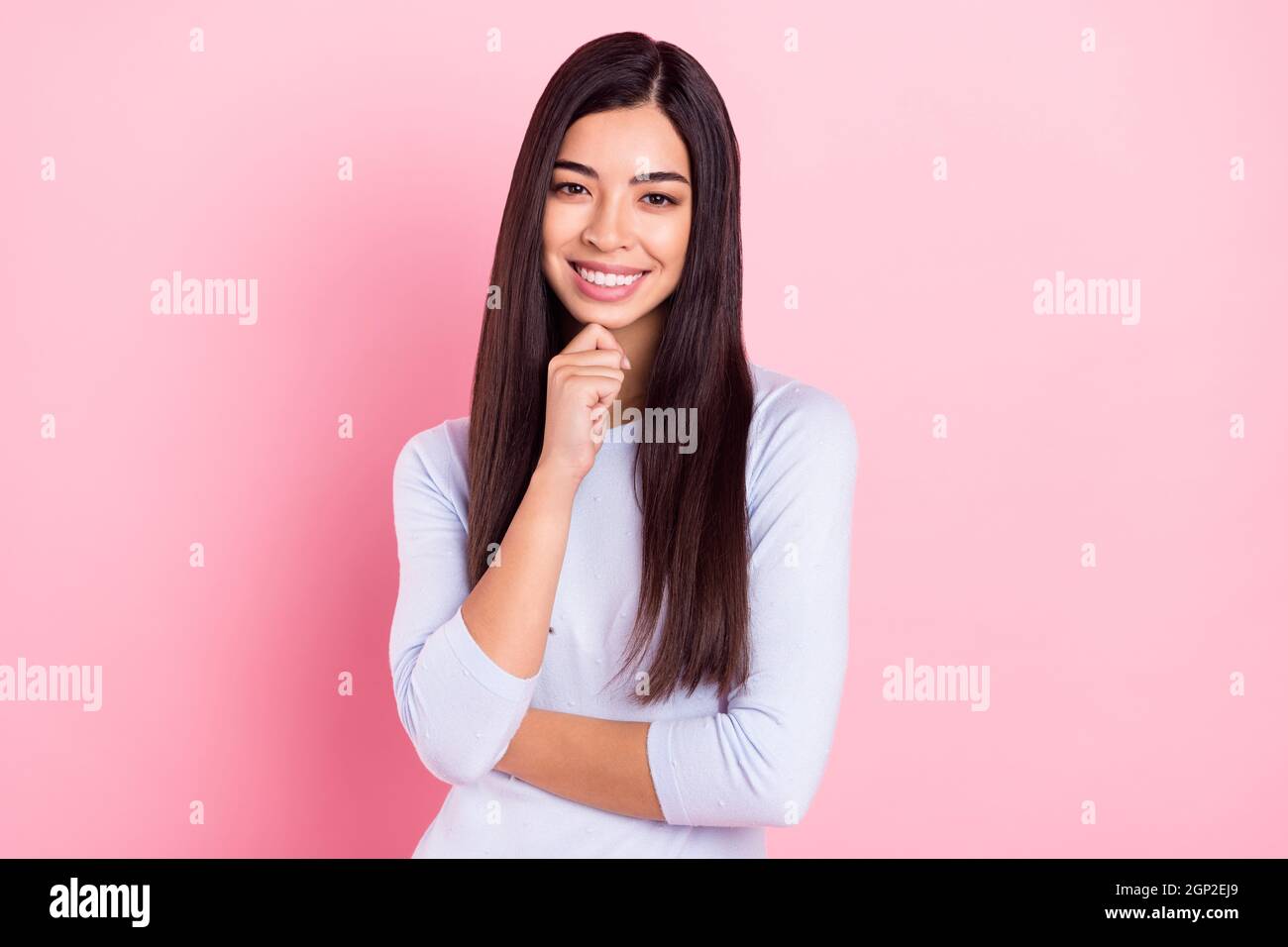 Photo portrait of girl smiling touching chin smart thinking about idea ...