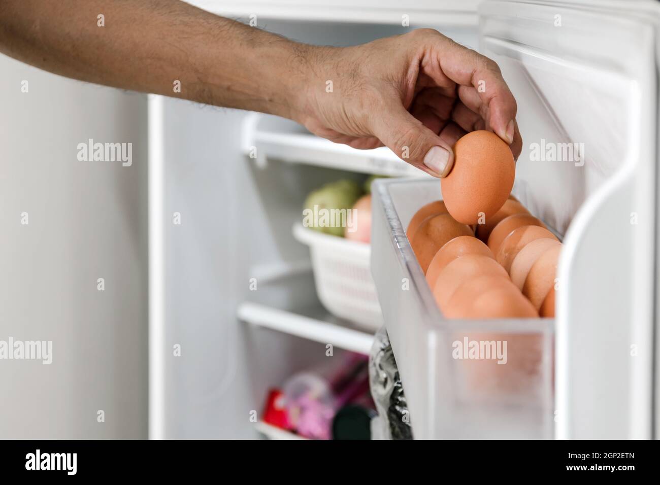 Close up human hands put chicken eggs in the egg-laying compartment in ...